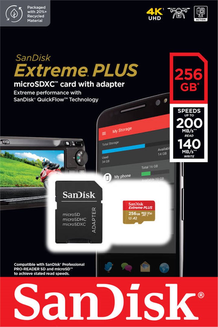 SanDisk Extreme PLUS microSDXC 256GB 200MB/s UHS-I U3 Class 10 + Adaptér (SDSQXBD-256G-GN6MA ...